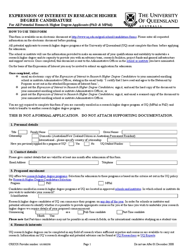 UQ Research Higher Degree Interest Form | PDF | Postgraduate Education ...