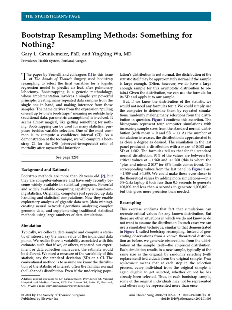 Bootstrap Resampling Methods Something For Nothing Gary L Grunkemeier And Yingxing Wu