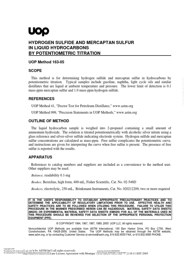Hydrogen Sulfide And Mercaptan Sulfur In Liquid Hydrocarbons By ...