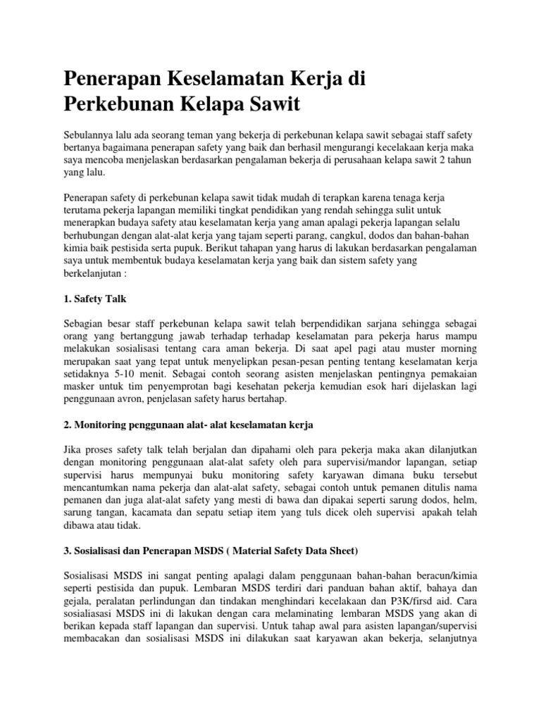 Penerapan Keselamatan Kerja Di Perkebunan Kelapa Sawit | PDF