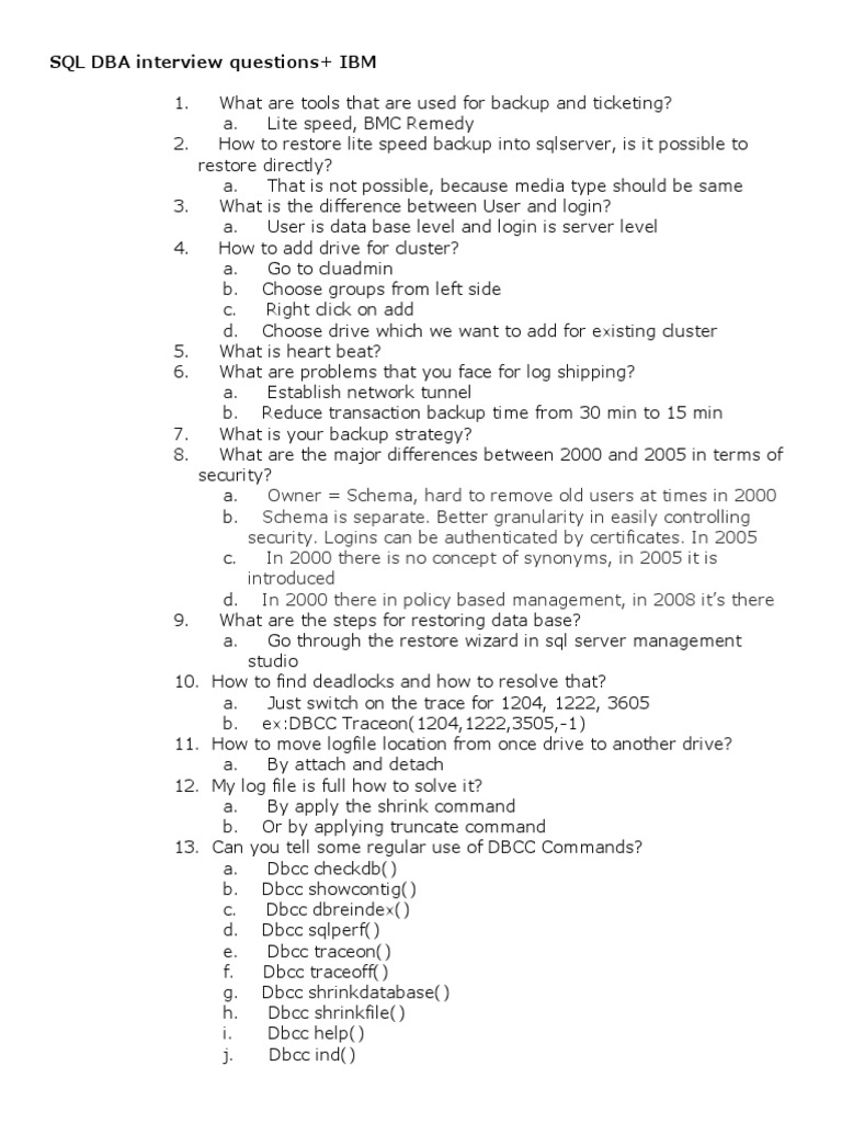 IBM - SQL DBA Interview Questions - SQL DBA Interview Questions | PDF ...