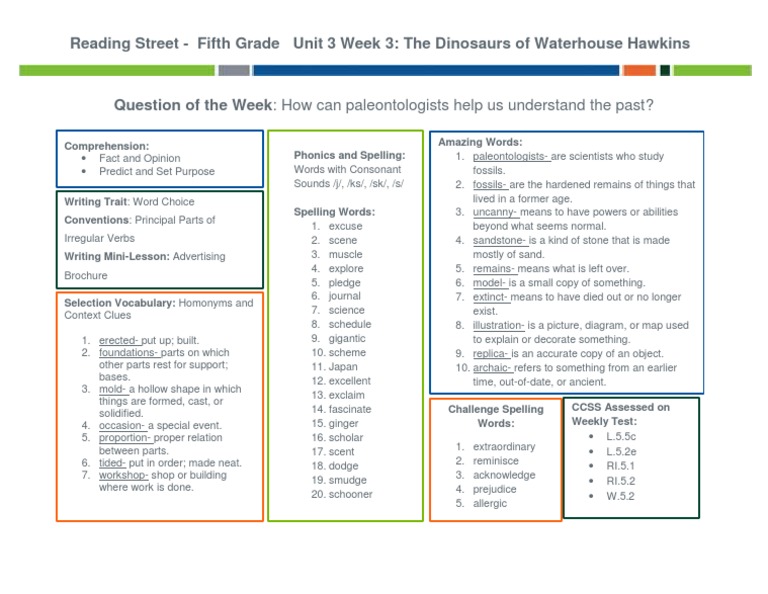 Fifth Grade Reading: Dinosaurs Unit 3 | PDF