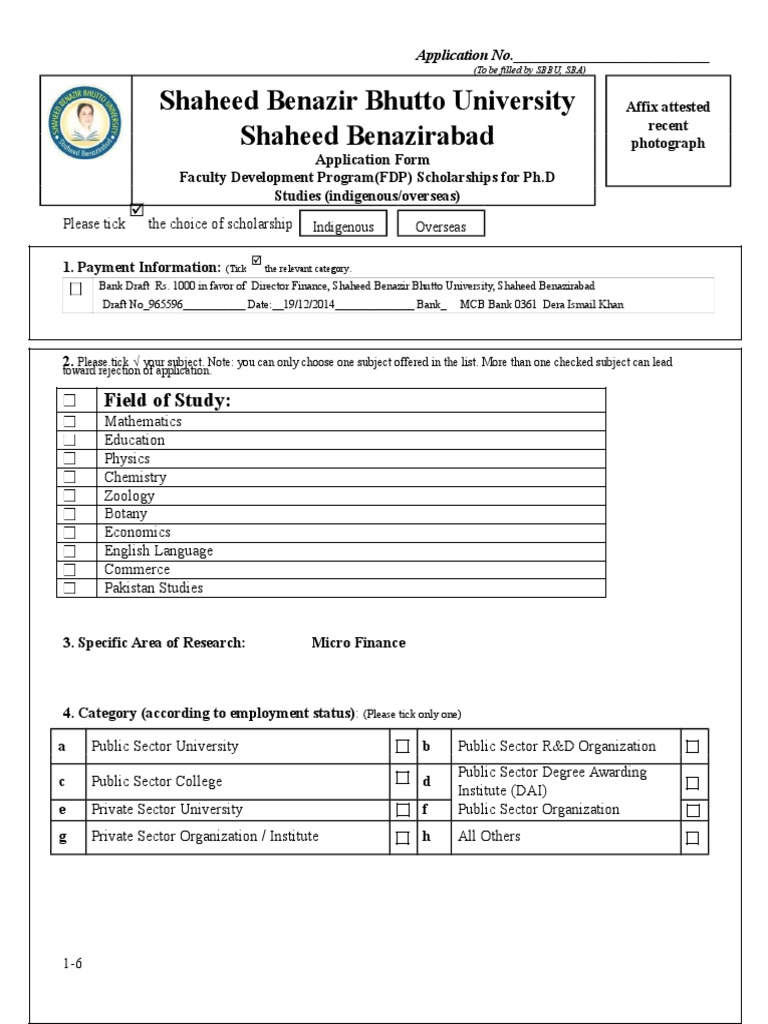 SBBU Application Form | PDF | Doctor Of Philosophy | Academia