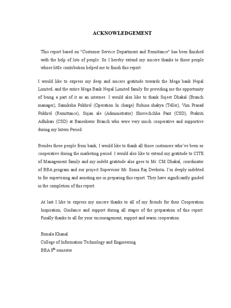 Acknowledgement | PDF | Internship | Job Hunting