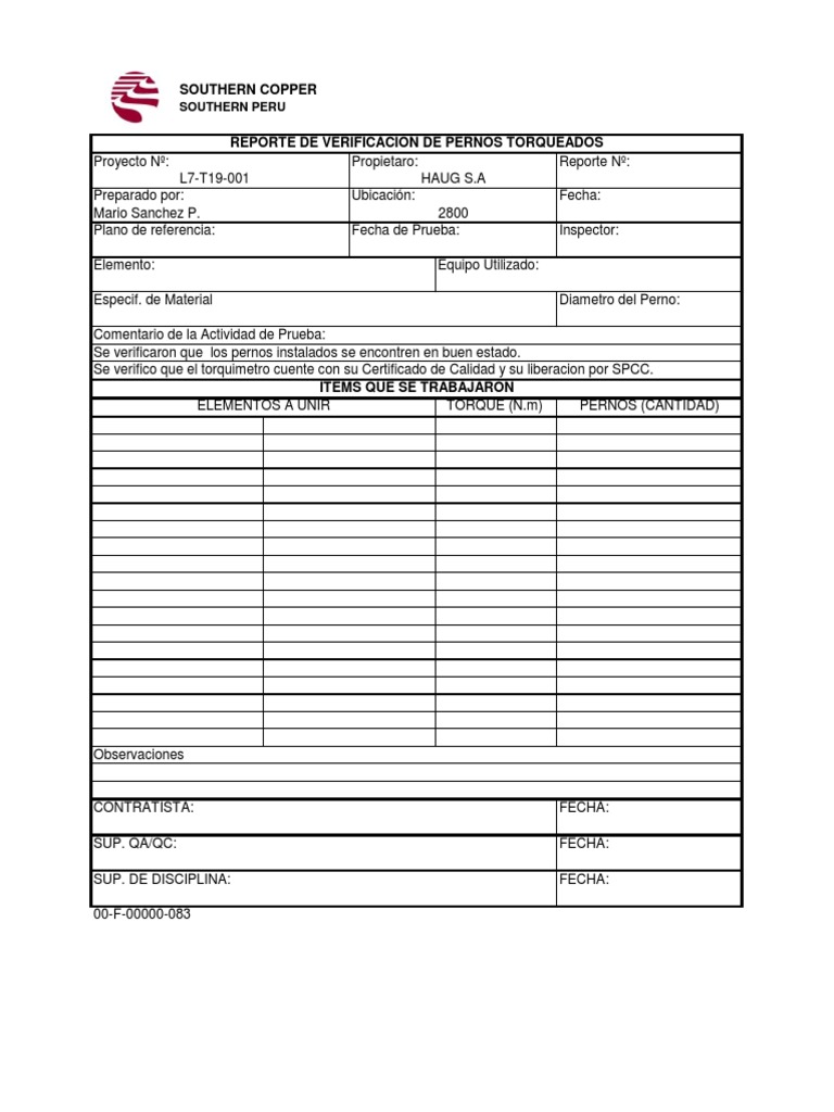 2800 Registro de Torque Pernos-PROTOCOLO