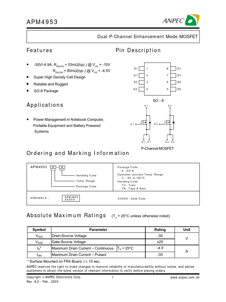 Apm4953. Doble Mosfet de Enriquecimiento de Canal P | PDF | Field ...