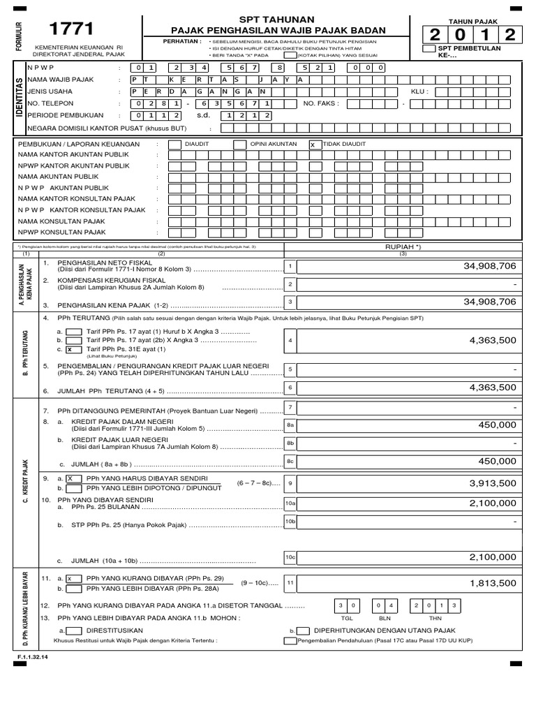 Contoh Pengisian SPT Tahunan PPh Badan 1771 Non Final PT