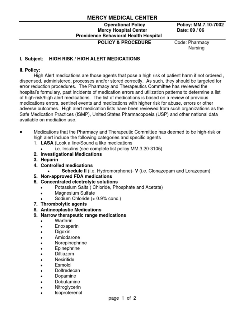 Policy of High Risk - High Alert Medications | PDF