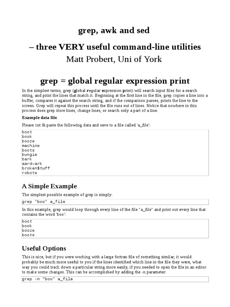 Grep Awk Sed | PDF | Regular Expression | Software Engineering Grep Awk Sed | PDF | Regular Expression | Software Engineering