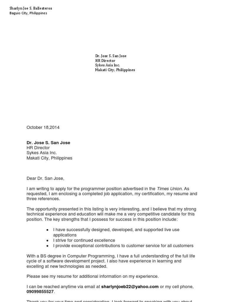 Programmer Job Application Letter | PDF