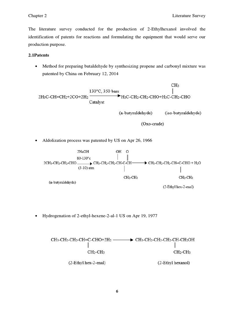 Literature Survey On 2EH Production | PDF | Distillation | Chemical Reactor