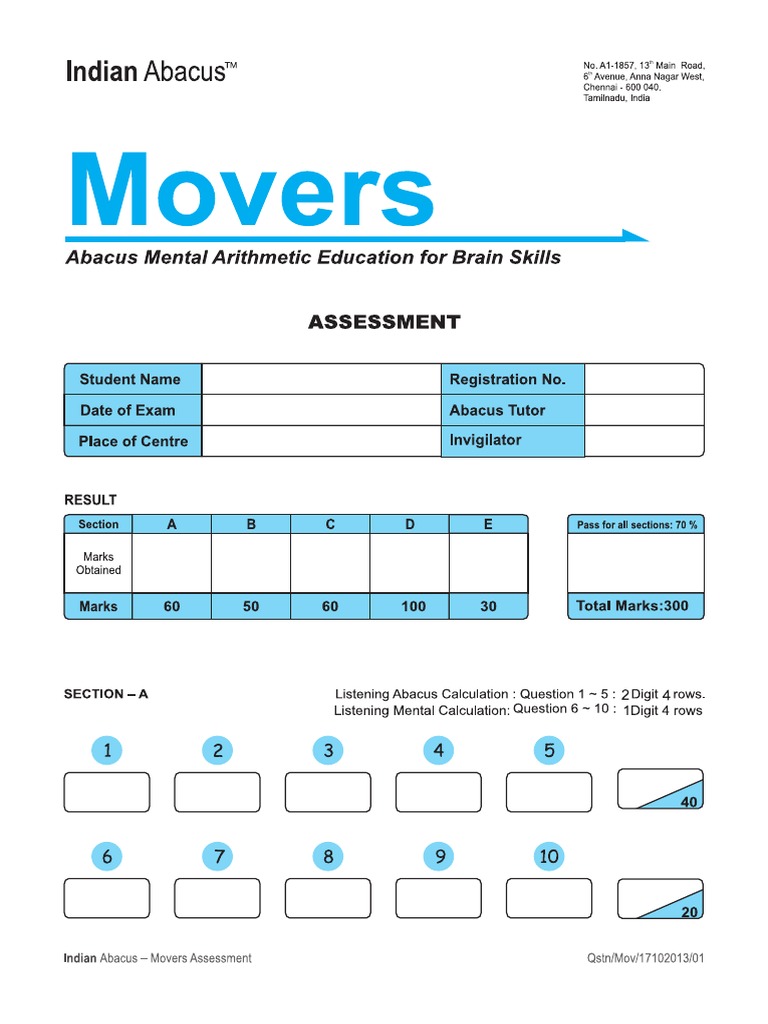 Indian Abacus Movers Question Paper - 2nd Level - Free | PDF