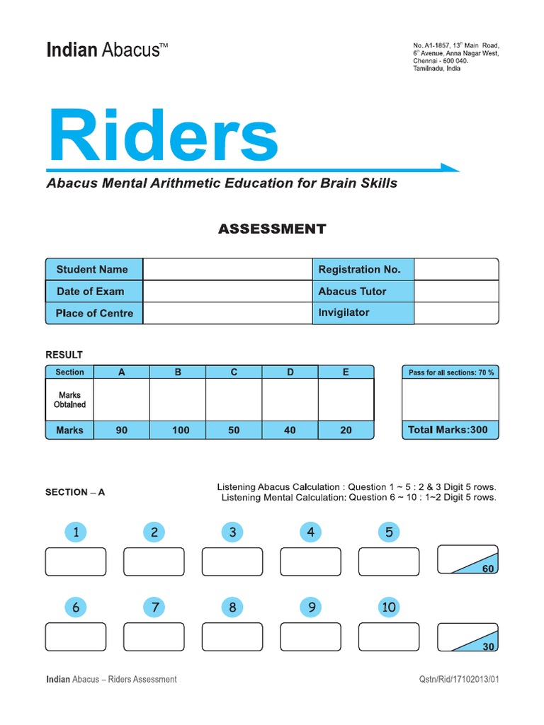 Indian Abacus Riders Question Paper - 3rd Level - Free | PDF