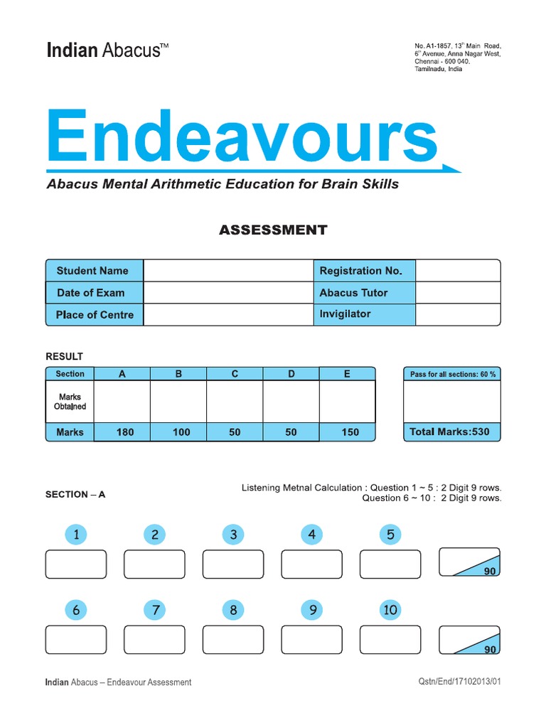 Indian Abacus Endeavours Question Paper - 6th Level-Free | PDF