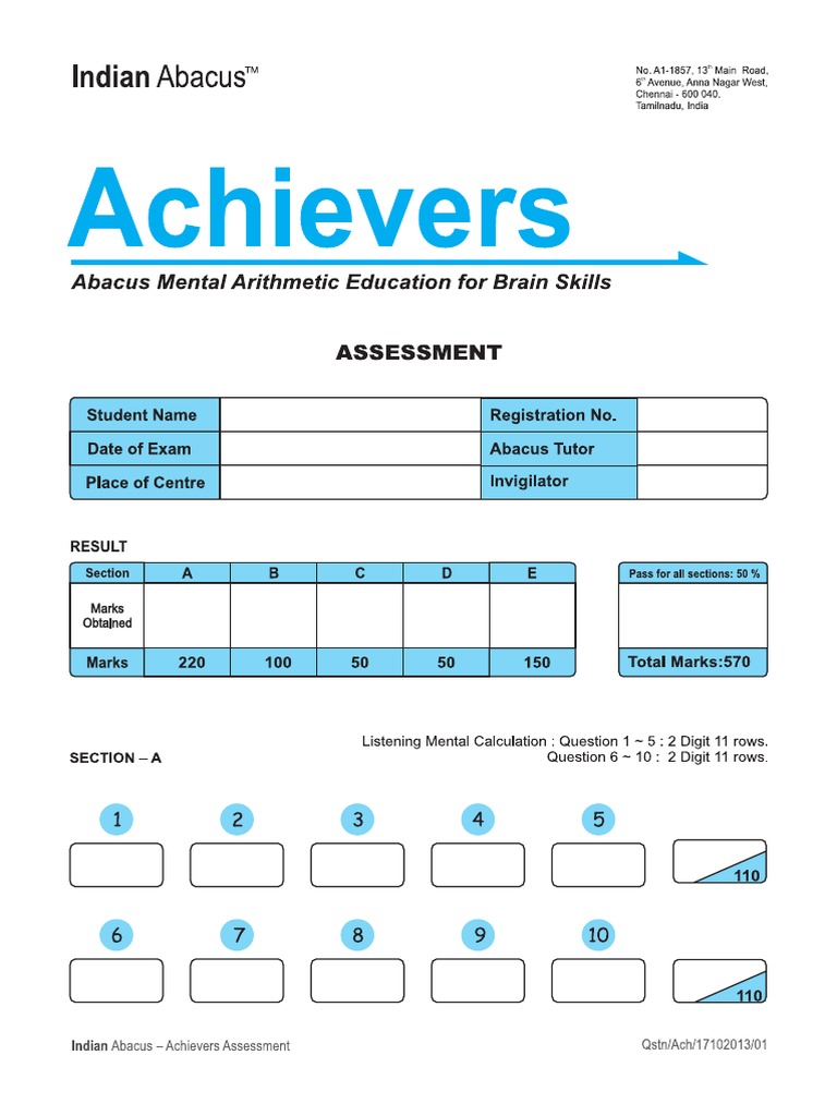 Indian Abacus Achievers Question Paper - 7th Level-Free | PDF