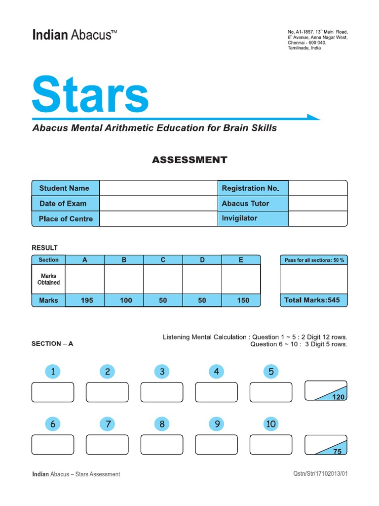 Indian Abacus Stars Question Paper - 8th Level-Free | PDF