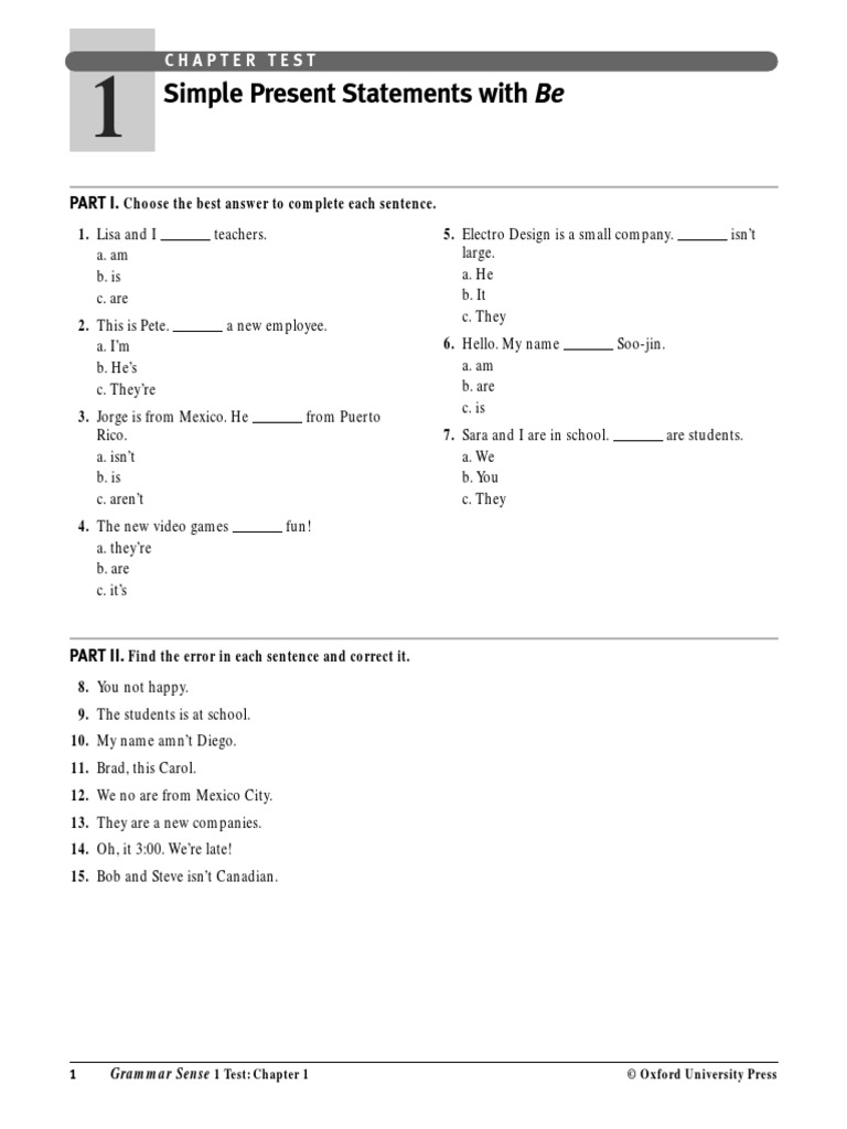 Simple Present Statements With Be: Chapter Test | PDF