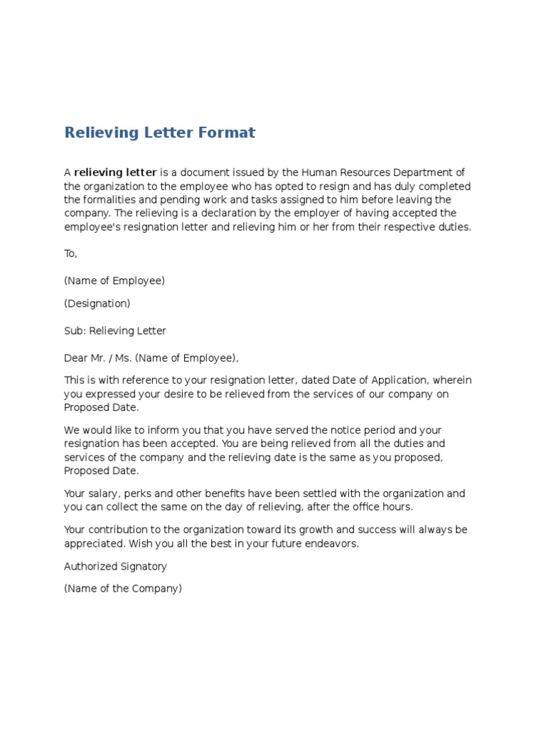 Relieving Letter Format | PDF | Employee Benefits | Employment