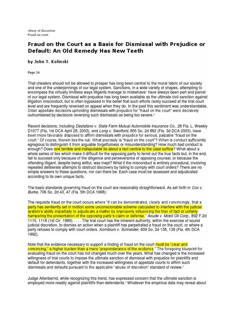 Abuse of Discretion - Fraud on Court - Dismiss w Prej | Evidence (Law ...