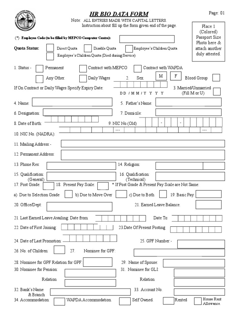 BIO DATA Employee Form | PDF | Government | Business