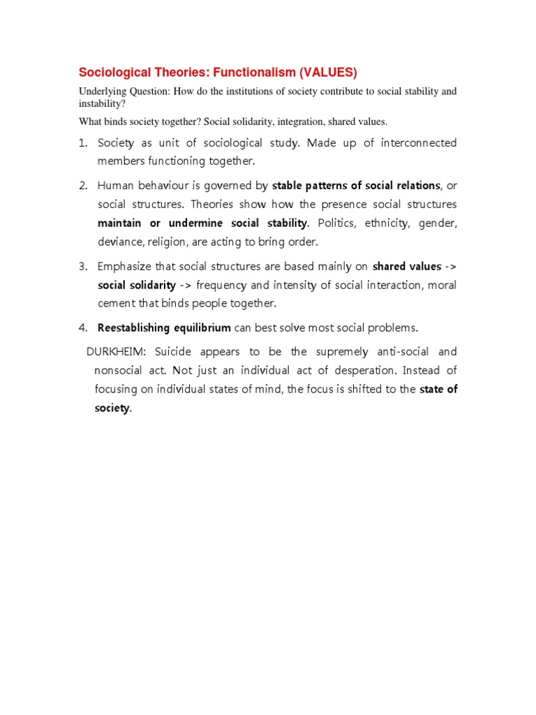 Sociological Theories: Functionalism (VALUES) | PDF | Politics