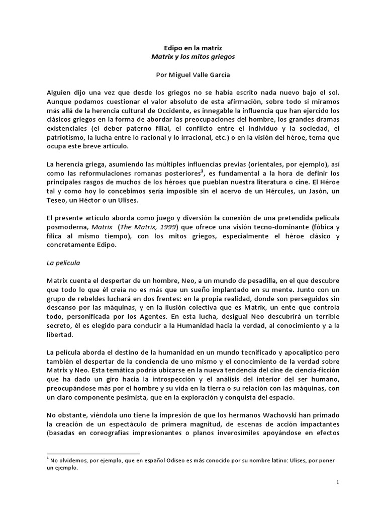 Edipo en La Matriz. Matrix y Los Mitos Griegos | PDF | Edipo | Esfinge