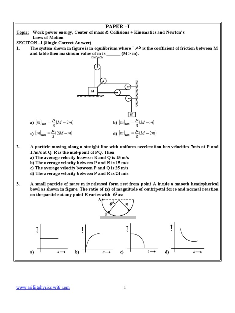 Physics Paper I | PDF | Collision | Force