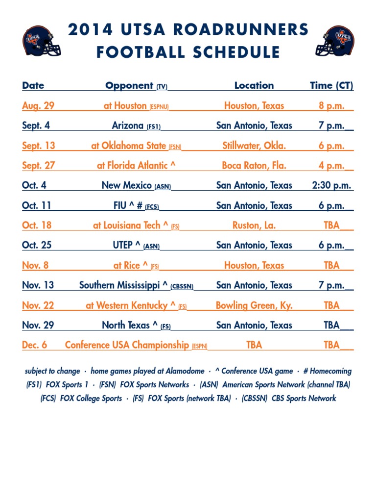 2014 UTSA Roadrunners Football Schedule | PDF
