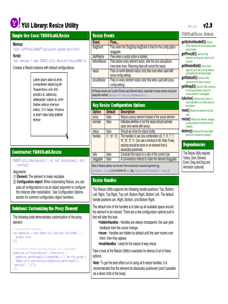 YUI Library: Resize Utility v2.9: Simple Use Case: YAHOO - Util.resize Resize Events | PDF ...