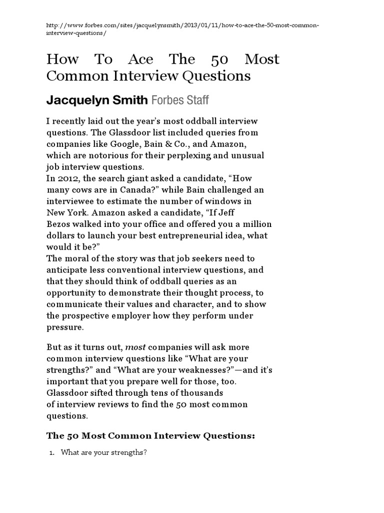 Forbes Article - How To Ace The 50 Most Common Interview Questions ...
