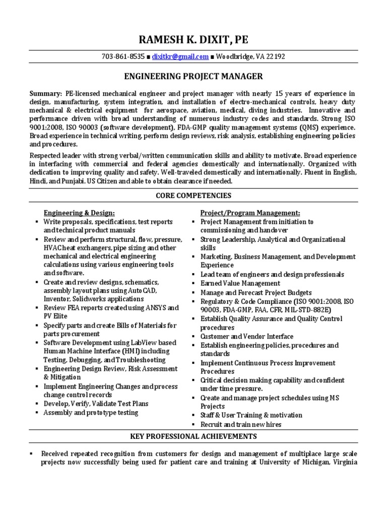 Engineering Project Manager Mechanical in Washington DC Resume Ramesh ...