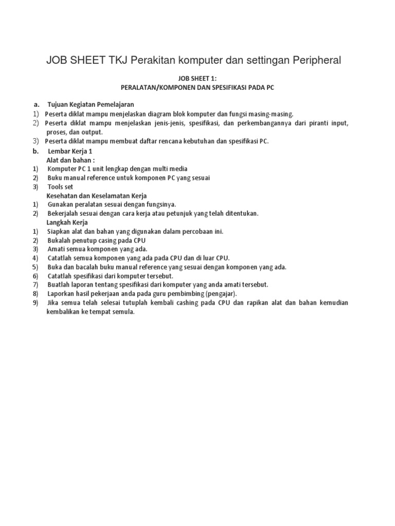 JOB SHEET TKJ Perakitan Komputer Dan Settingan Peripheral | PDF | Komputer