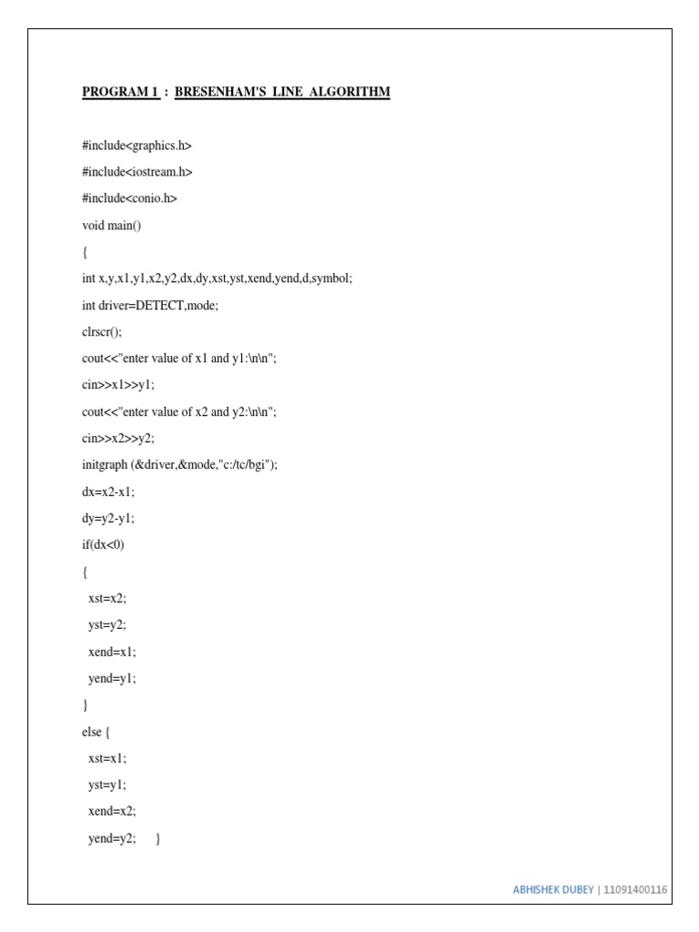 Program 1: Bresenham'S Line Algorithm: Abhishek Dubey | PDF