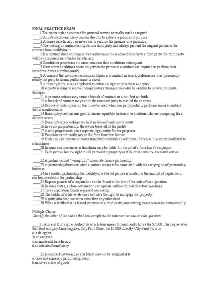 Business LAW Final Practice Exam | Franchising | Assignment (Law)