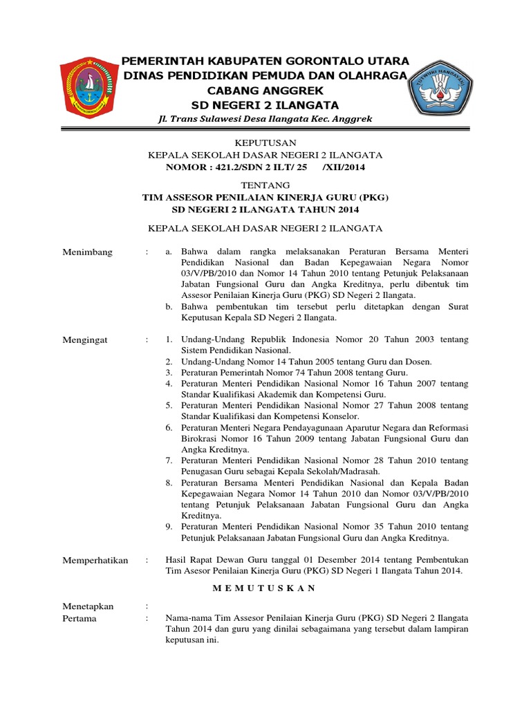 Contoh SK Kepala Sekolah Tentang Penilaian PKG | PDF | Karier & Perkembangan