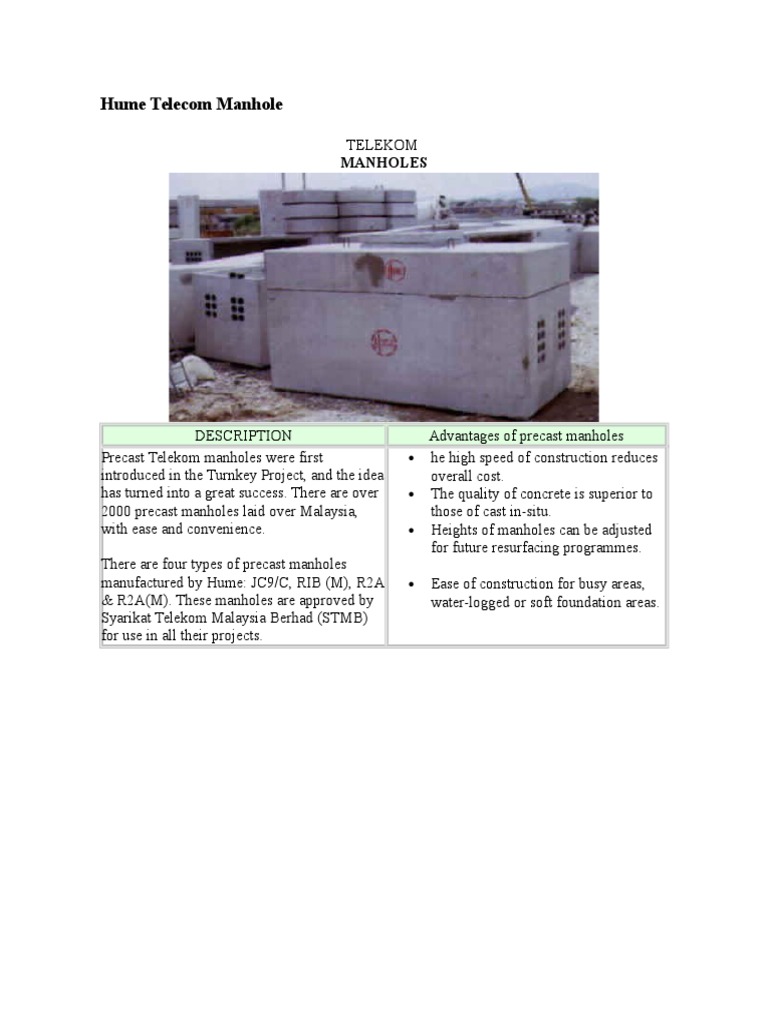 Hume Telecom Precast Manholes Overview | PDF