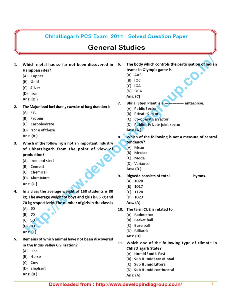 Chhattisgarh PCS General Studies Solved Question Paper 2011 | PDF ...