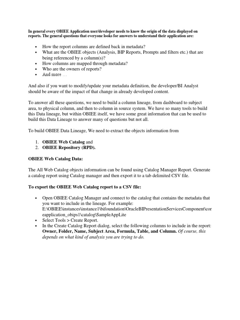 OBIEE Data Lineage Guide | PDF | Comma Separated Values | Metadata