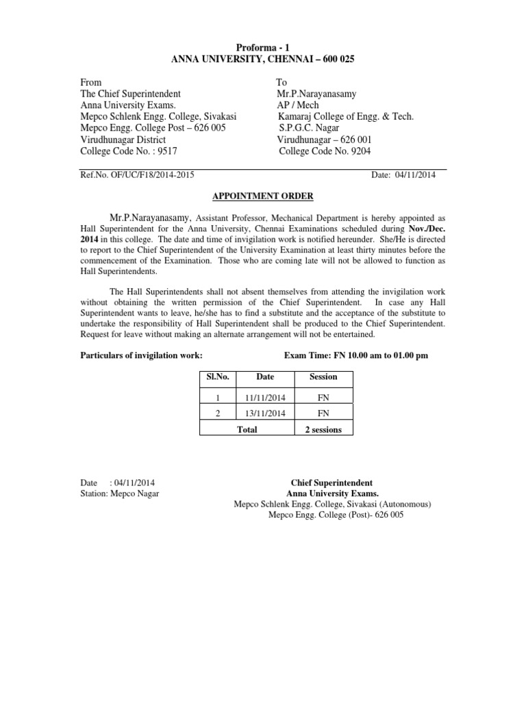 Proforma 1 - Appointment Order. AUC | PDF