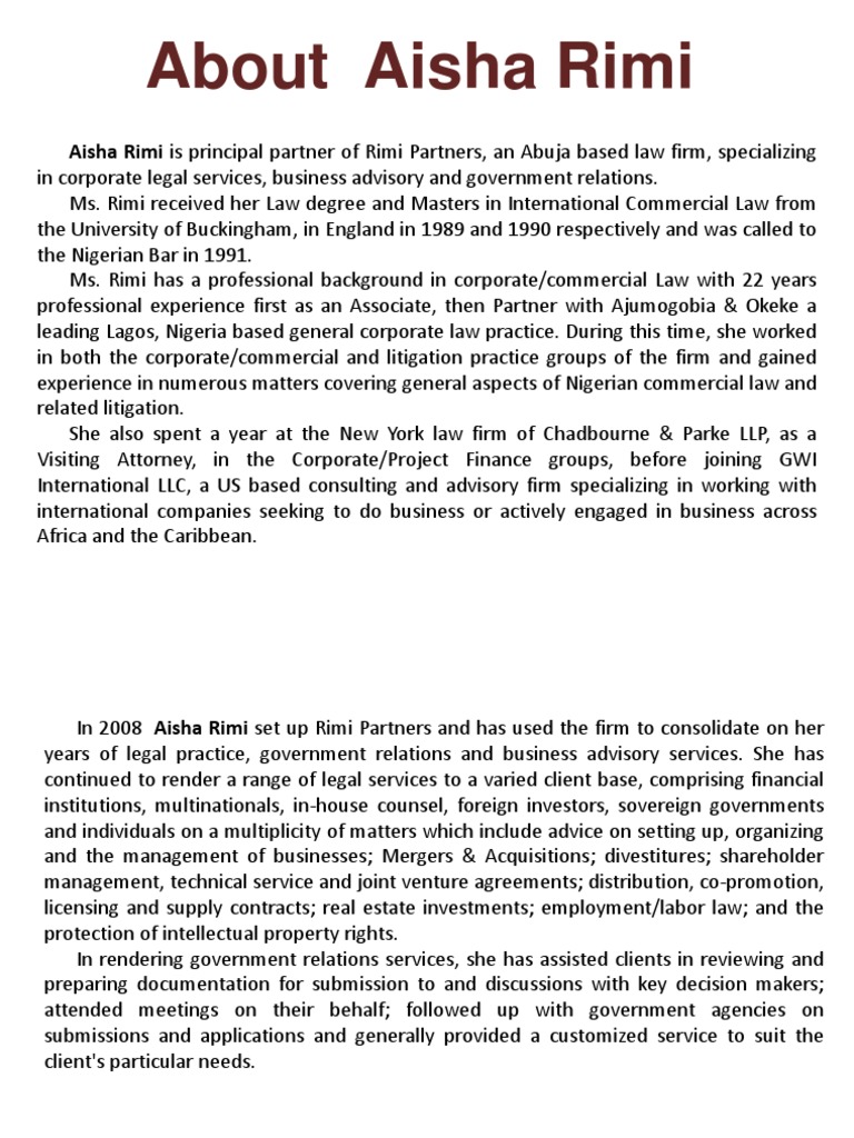 About Aisha Rimi: Aisha Rimi Is Principal Partner of Rimi Partners, An ...