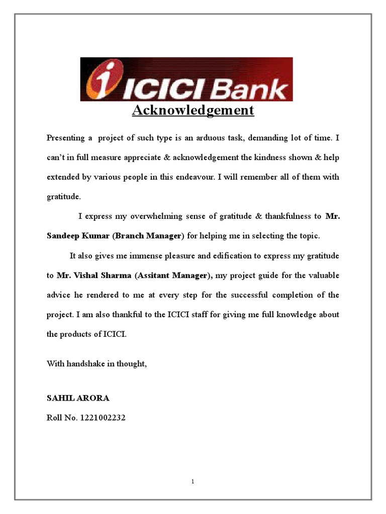 ICICI Bank Project Acknowledgement | PDF | Banks | Automated Teller Machine