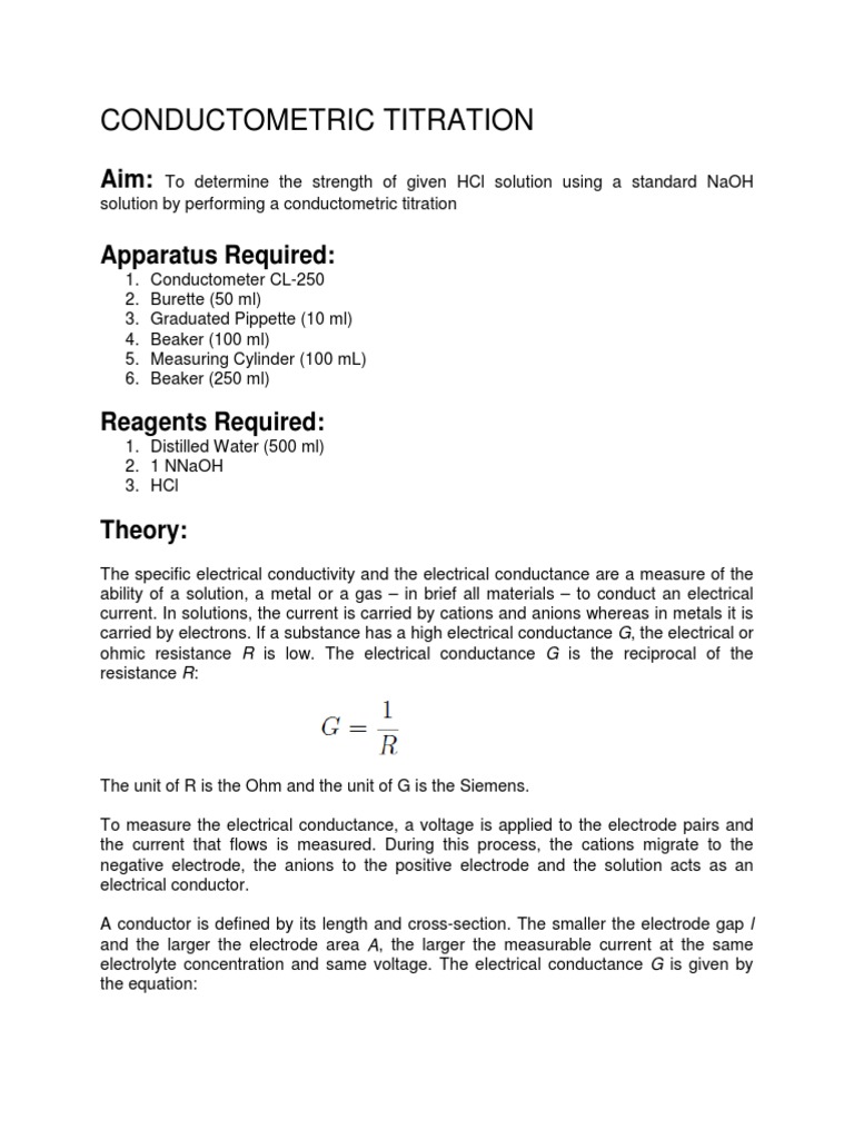 Exp 7 Conductometric Titration | PDF | Electrical Resistance And Conductance | Electrical ...