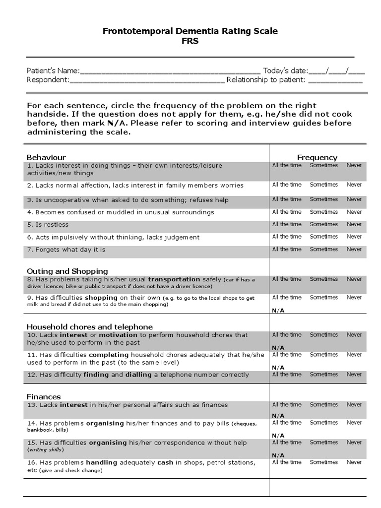 Frontotemporal Dementia Rating Scale FRS | Download Free PDF | Meal ...