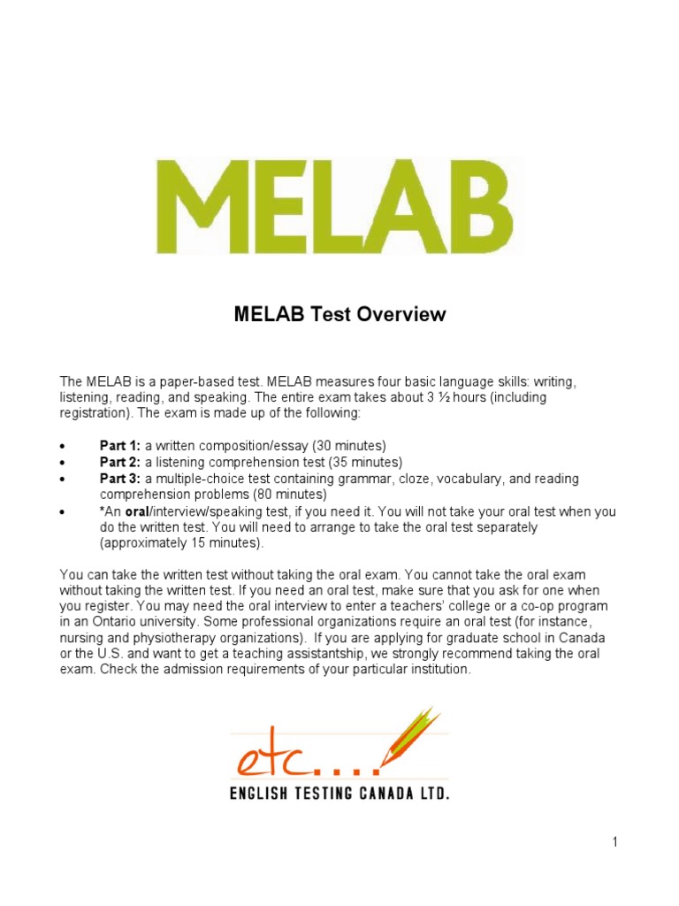 Melab Test Overview and Sample Questions | PDF | Test (Assessment) | Foods
