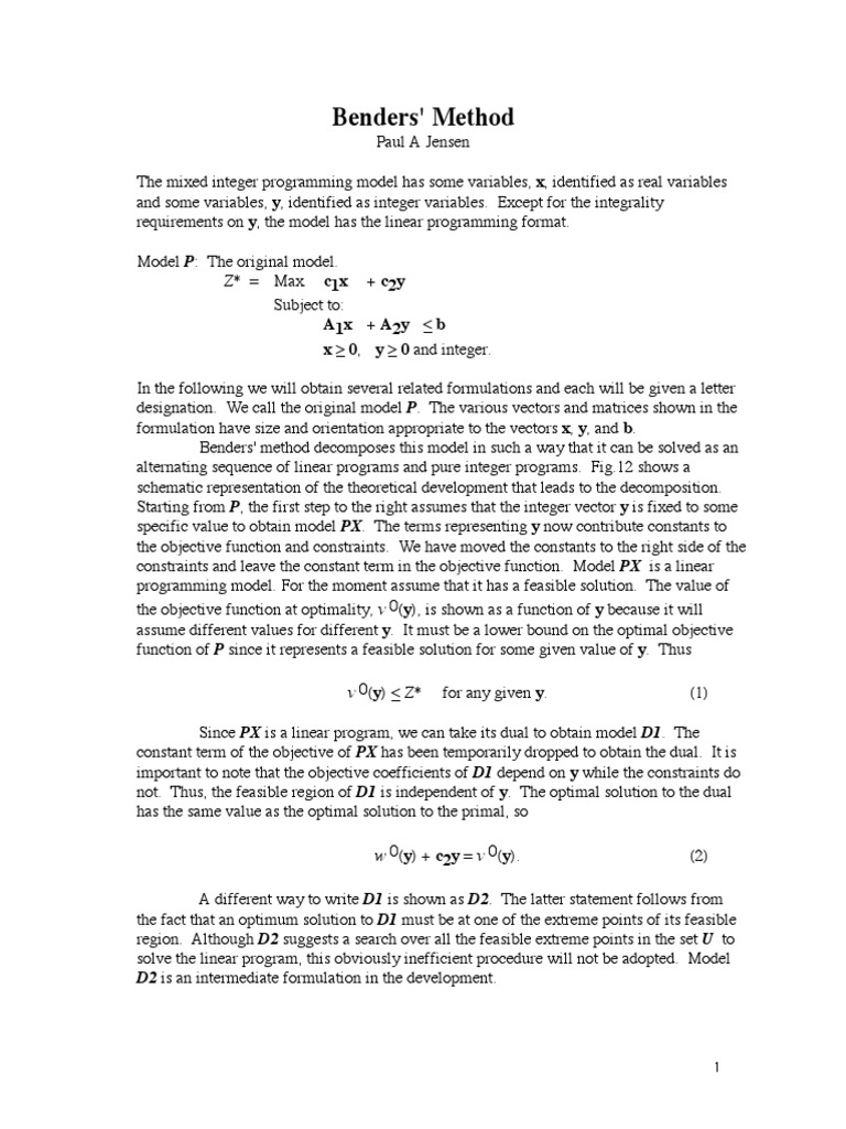 Benders' Method for Solving Mixed Integer Programs | PDF | Linear Programming | Mathematical ...