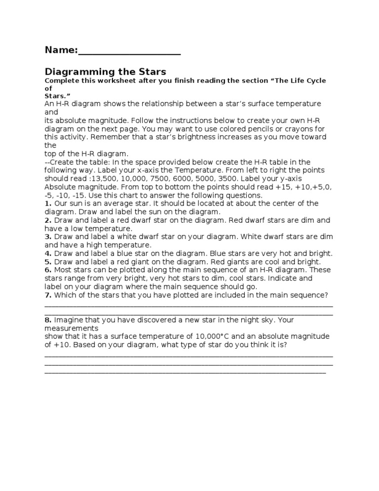 H-R Diagram Worksheet for Stars | PDF