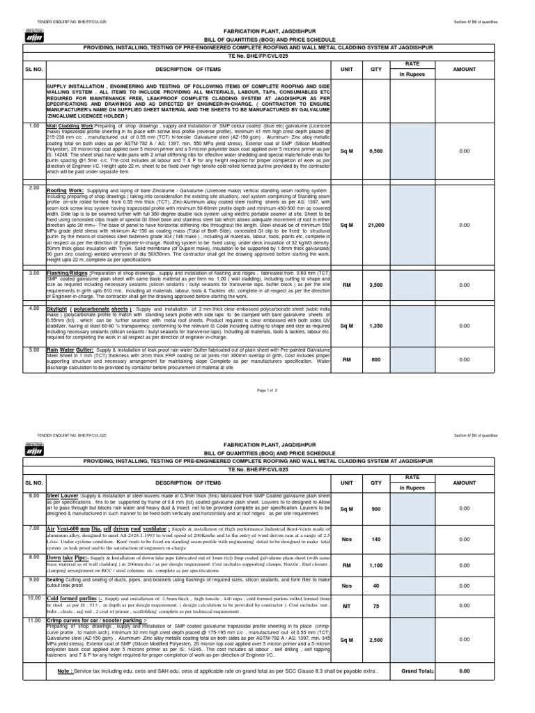 BOQ Cladding Final | PDF | Sheet Metal | Steel
