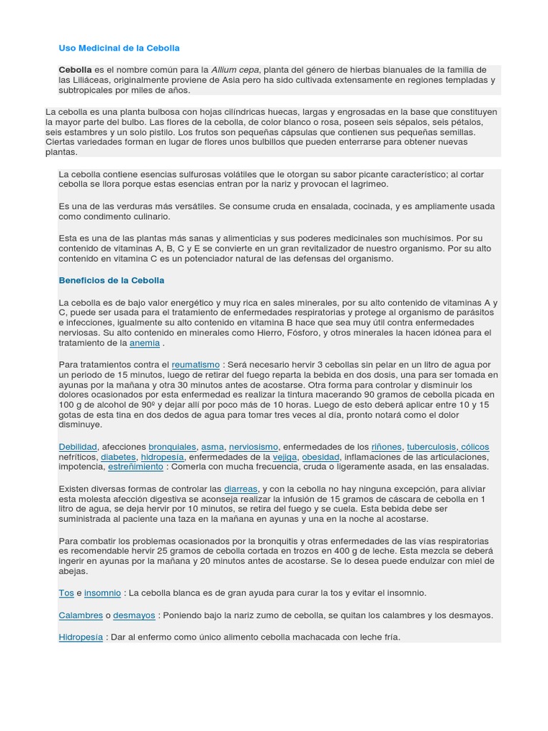 Uso Medicinal de La Cebolla | PDF | Cebolla | Salud y bienestar