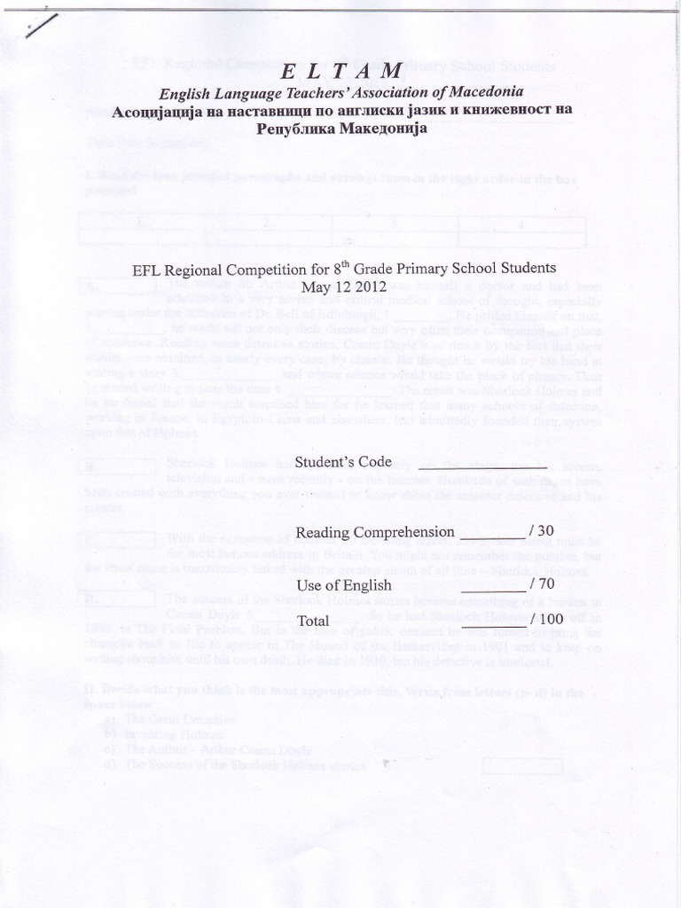 Eltam Test | PDF | Sherlock Holmes | Arthur Conan Doyle