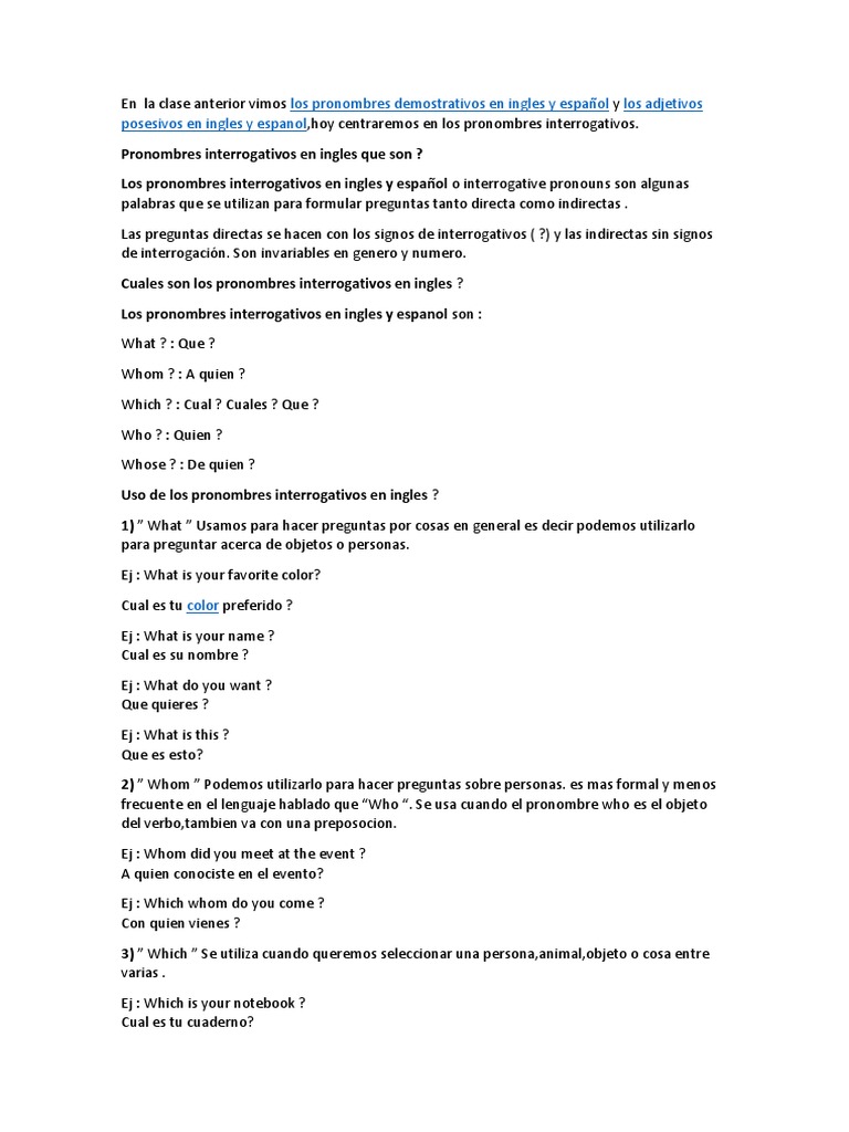 Los Pronombres Interrogativos en Ingles y Español | PDF | Lengua ...